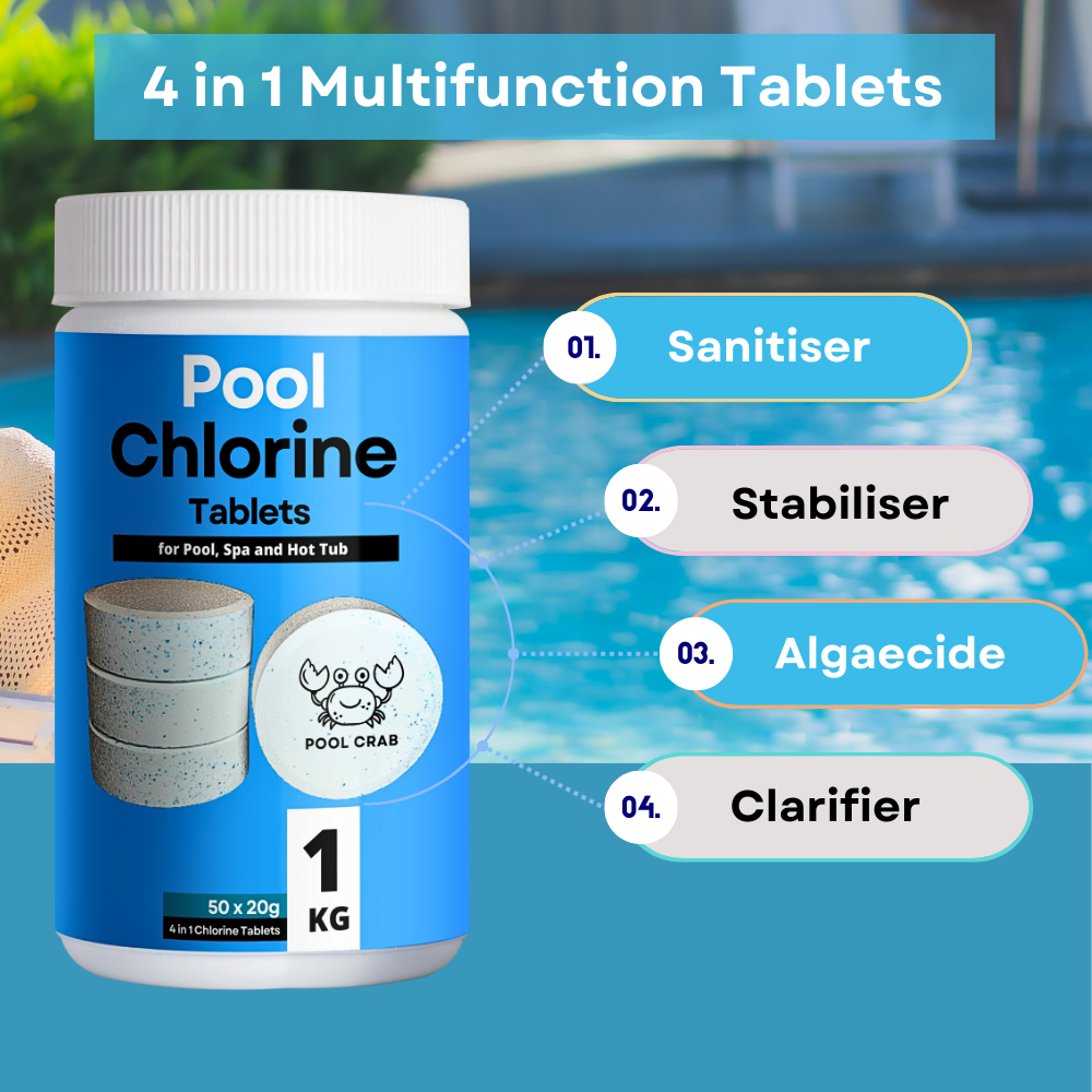 Pool Crab Pool Chlorine Tablets, 1kg Multifunctional 4-in-1 Dispenser